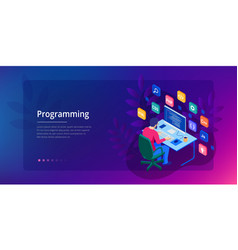 Isometric programmer coding new project sitting on