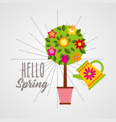Hello spring poster with floral tree and sprinkler