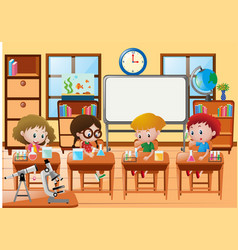 Three kids in science lab Royalty Free Vector Image