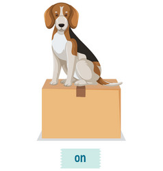 Preposition wordcard with dog and box Royalty Free Vector