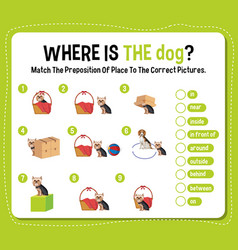 Preposition wordcard with dog and box Royalty Free Vector