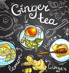 Ginger honey lemon tea ink sketches set Royalty Free Vector