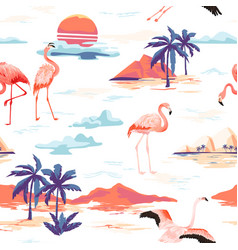 Cute pink flamingo with surf board on beach Vector Image
