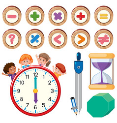 Math classroom objects with supplies and students Vector Image