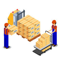 Workers loading boxes at forklift with pallet Vector Image