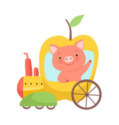 Cute little pig riding toy train made apple Vector Image