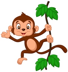 Cartoon Happy monkey presenting on tree stump Vector Image