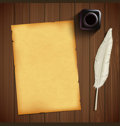 Realistic quill pen in inkpot paper scroll Vector Image