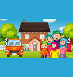 Muslim family in front house Royalty Free Vector Image
