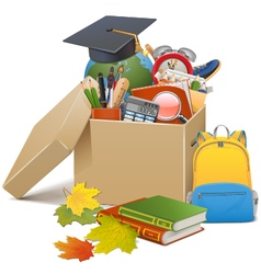 School items and cardboard box Royalty Free Vector Image