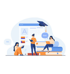 Two female characters are learning english online Vector Image