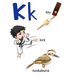 Letter K for key kick and kookaburra Royalty Free Vector