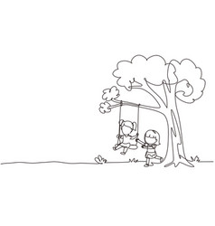 Funny boy cartoon playing swing with laughing Vector Image