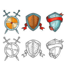 Set historical shields with ribbons and swords Vector Image