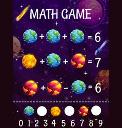 Math game worksheet with cartoon space planets Vector Image