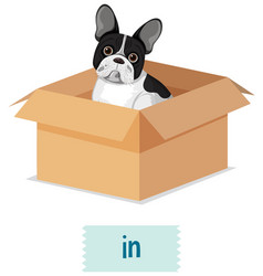 Preposition wordcard with dog and box Royalty Free Vector