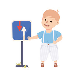 Cute boy showing stop gesture while standing next Vector Image