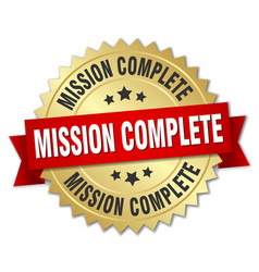 Mission complete 3d gold badge with red ribbon Vector Image