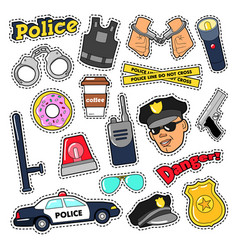 Policeman stickers and badges set with police car Vector Image