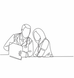 One single line drawing young doctor holding Vector Image