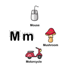 Alphabet letter m-mouse mushroom motorcycle Vector Image