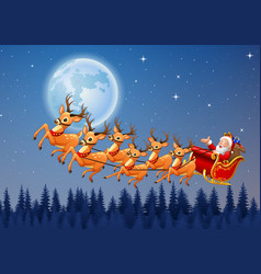 Santa riding his reindeer sleigh flying in the sky