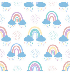Rainbow with clouds and raindrops seamless pattern