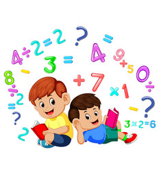 Two boy reading book and learning mathematics Vector Image