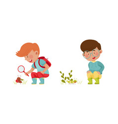 Cute kids exploring insects in forest or park set Vector Image