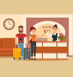 Young couple at hotel reception clerk standing Vector Image