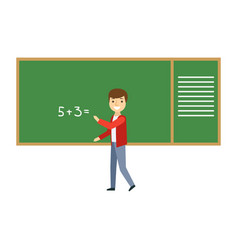 Boy solving math problem on blackboard in Vector Image