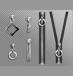 Metal zip fasteners silver zippers puller set Vector Image
