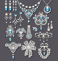 Set of jewelry made of silver and precious stones Vector Image