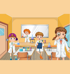 Scientist kids cartoon character with laboratory Vector Image
